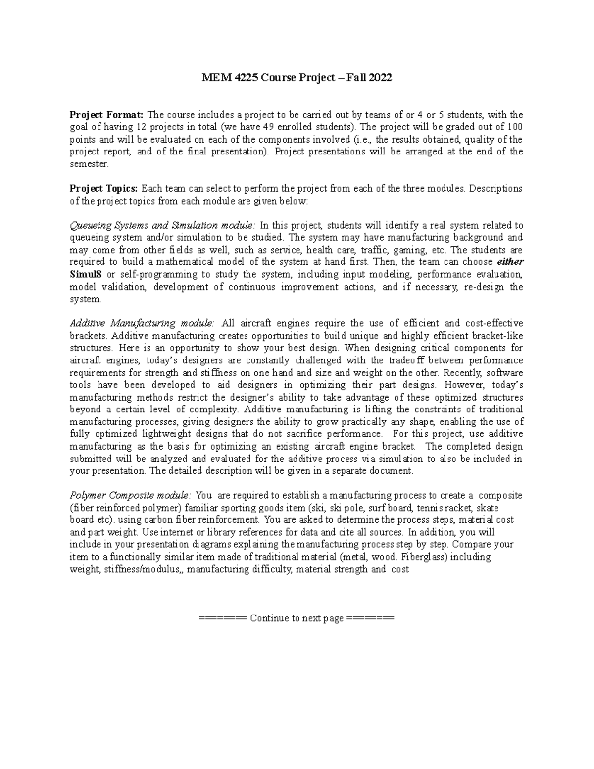 MEM 4225 Course Project - Fall 2022 - MEM 4225 Course Project – Fall 2022 Project Format: The ...