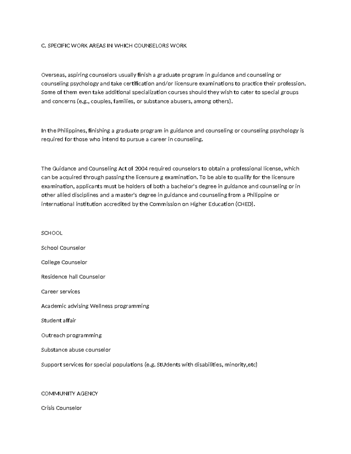 C. Specific WOR-WPS Office - C. SPECIFIC WORK AREAS IN WHICH COUNSELORS ...