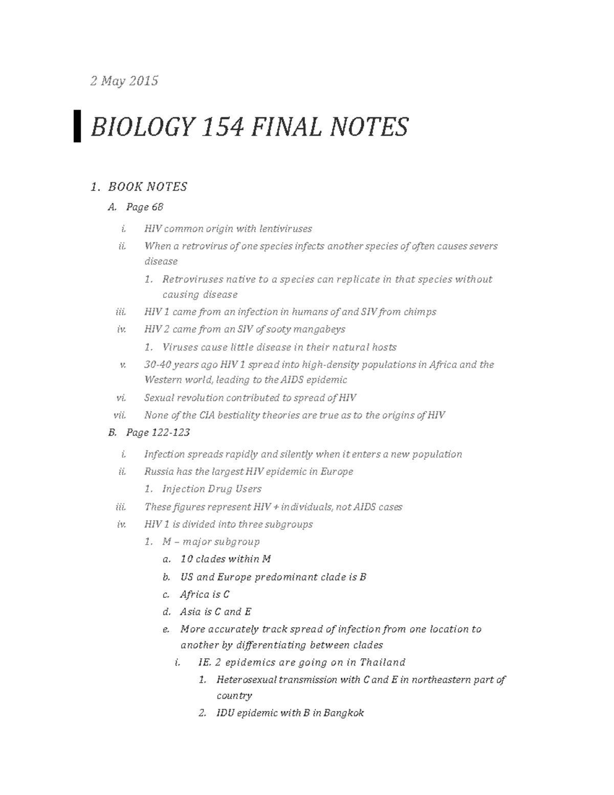 Biology Final Notes - 2 May 2015 BIOLOGY 154 FINAL NOTES 1. BOOK NOTES ...