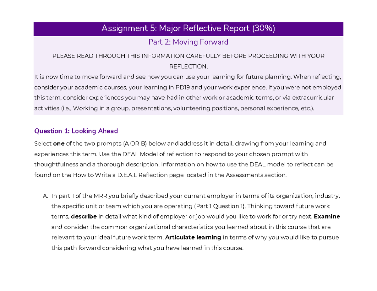 Assignment 05 Major Reflective Report - Assignment 5: Major Reflective ...