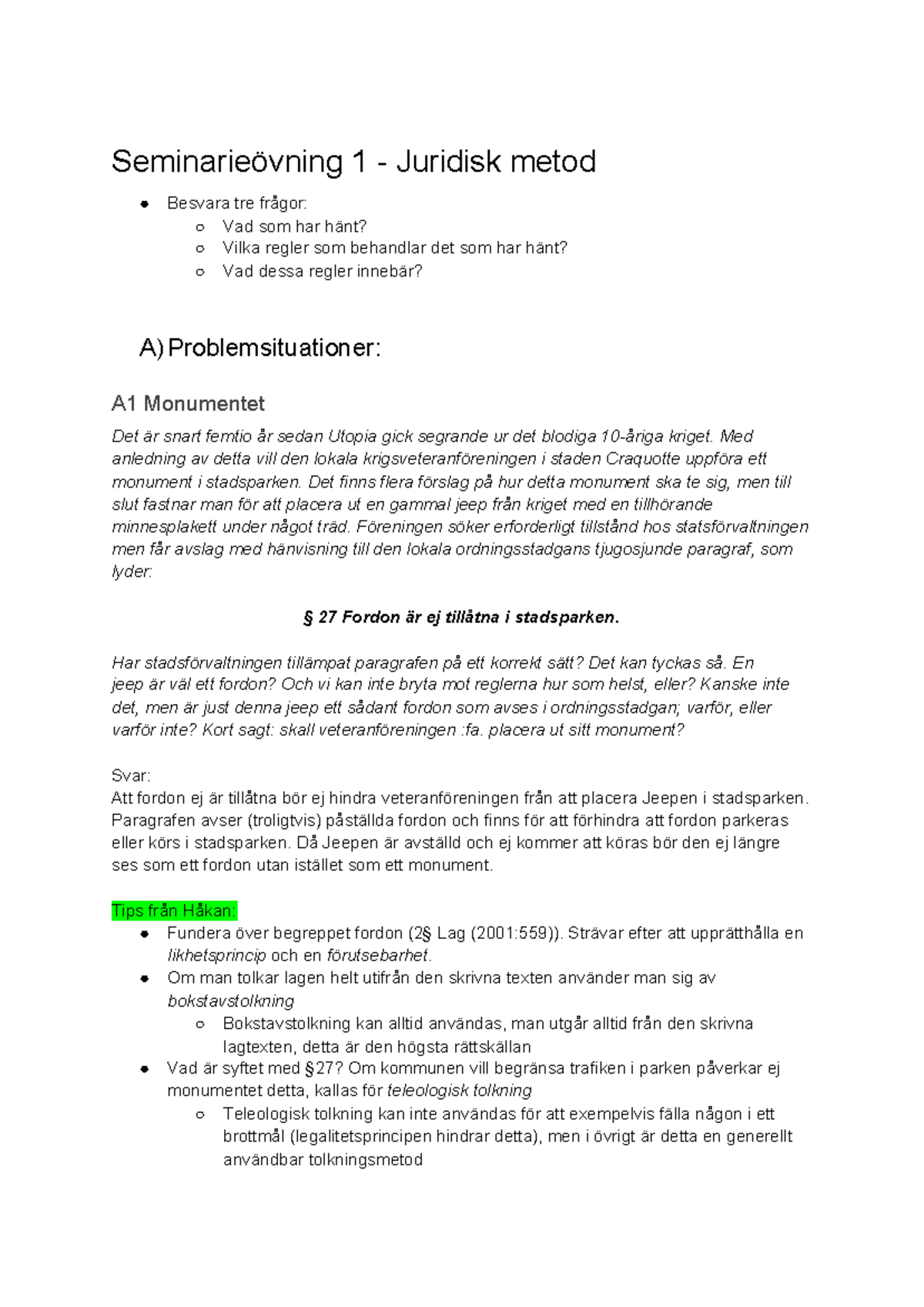 Seminarier 1RV840 - Seminarieuppgifter i kursen "Handelsrättslig Grundkurs" - Seminarieövning 1 ...