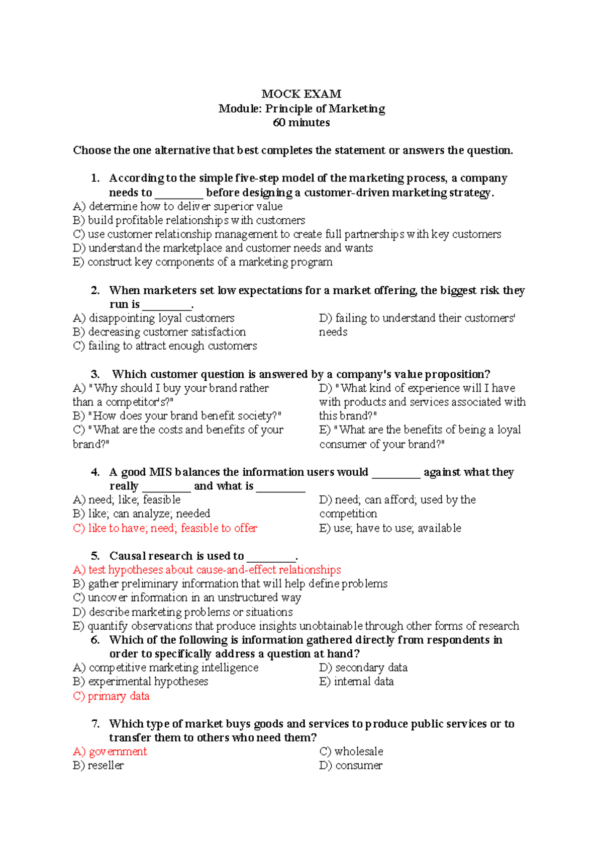 Mock exam 2 - MOCK EXAM Module: Principle of Marketing 60 minutes ...