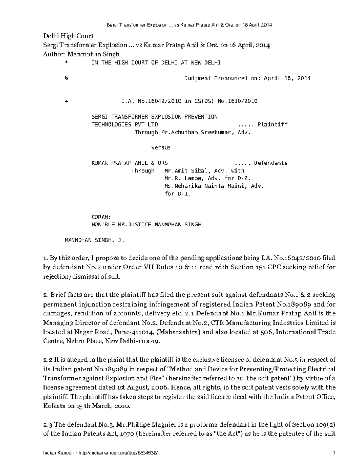 Sergi Transformer Explosion vs Kumar Pratap Anil Ors on 16 April 2014 ...