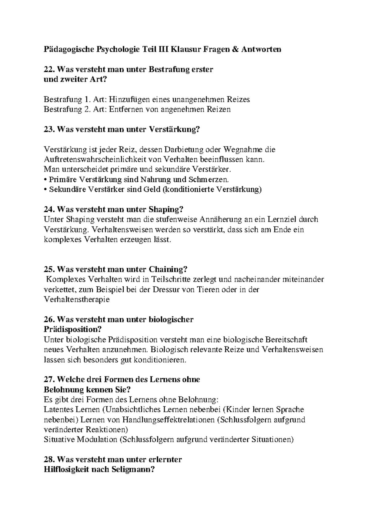 Pädagogische Psychologie Teil III Klausur Fragen - Pädagogische Psychologie Teil III Klausur ...