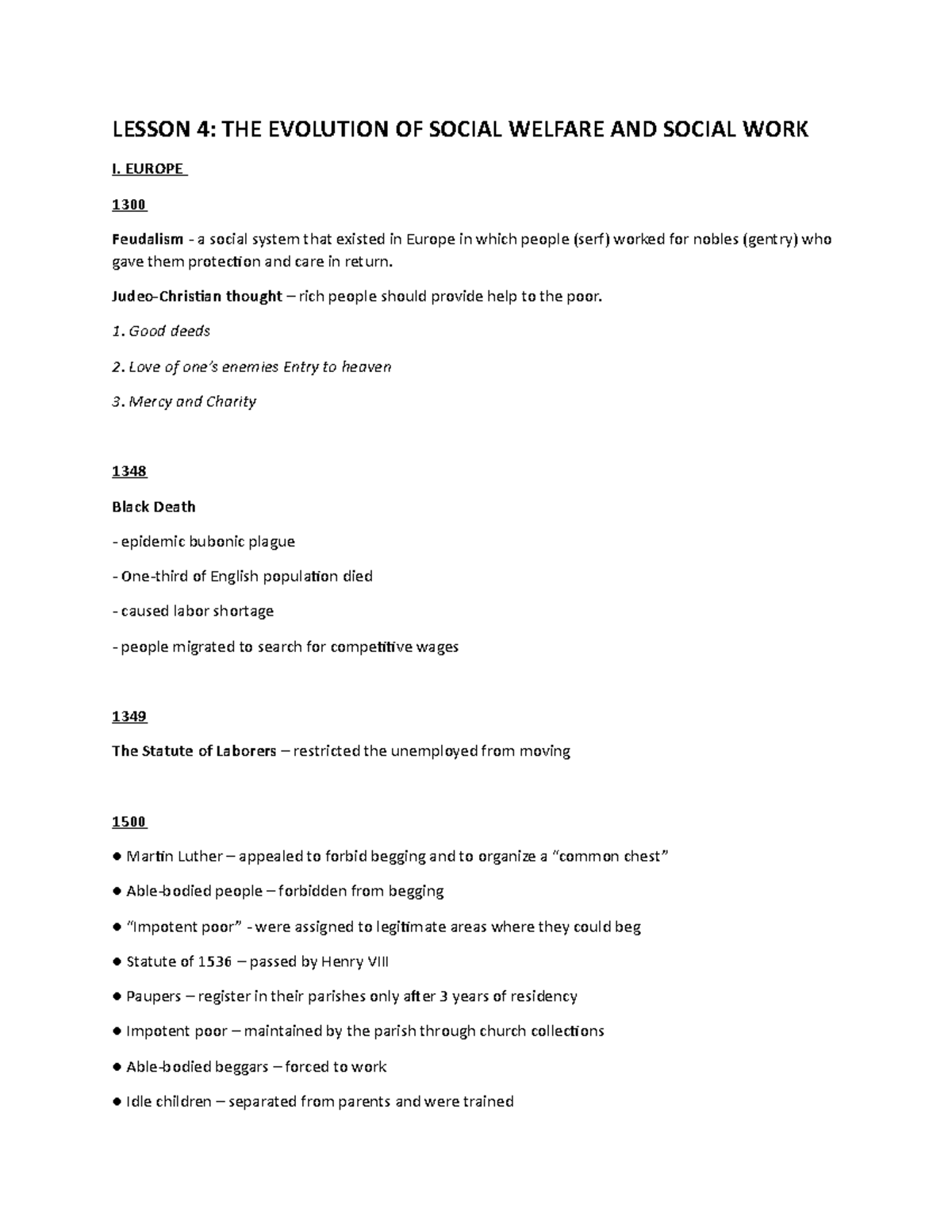 Lesson 4 SWA1 - LESSON 4: THE EVOLUTION OF SOCIAL WELFARE AND SOCIAL ...