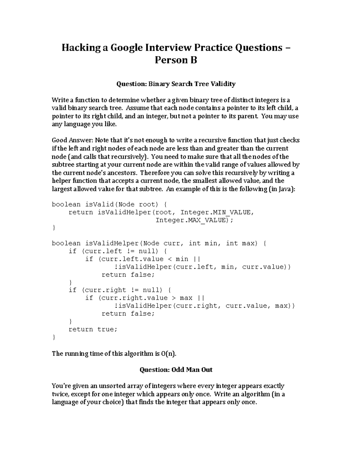Hacking a Google Interview Practice Questions Person B - - Studocu