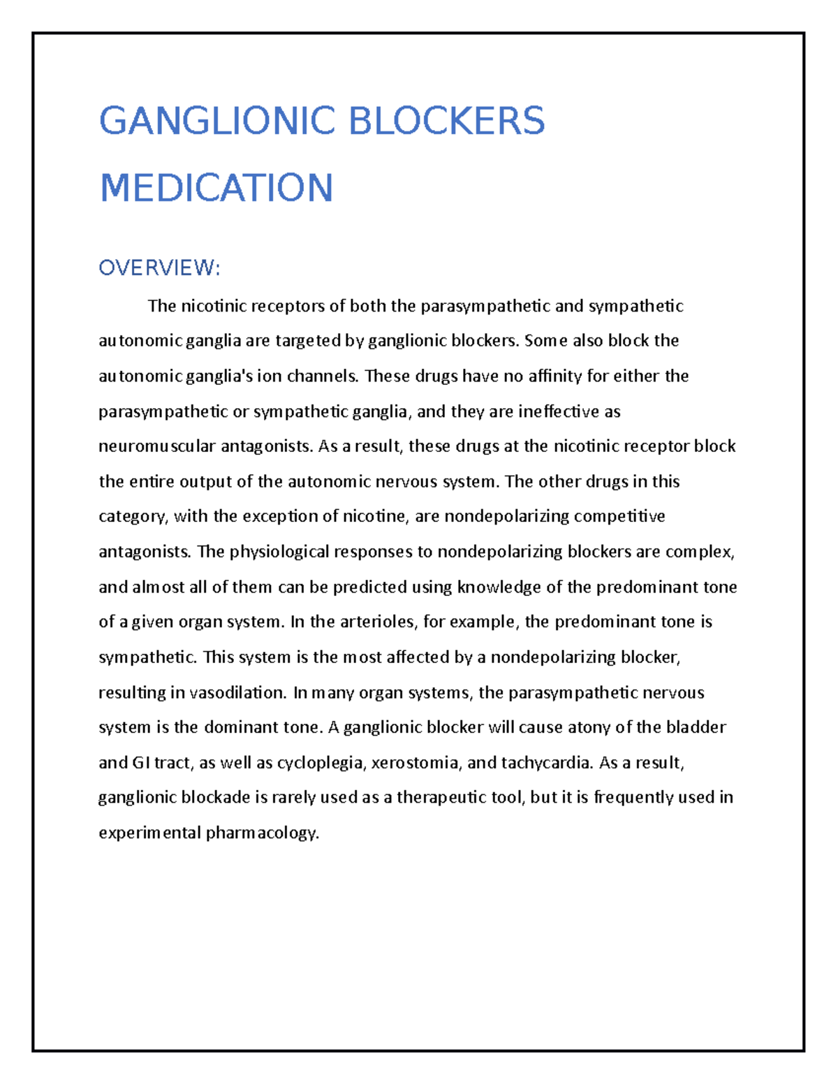 Detail NOTE ON Ganglionic Blockers Medication - GANGLIONIC BLOCKERS ...