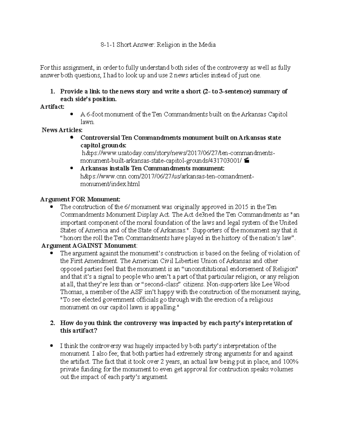 Religion in the media - 8-1-1 Short Answer: Religion in the Media For ...