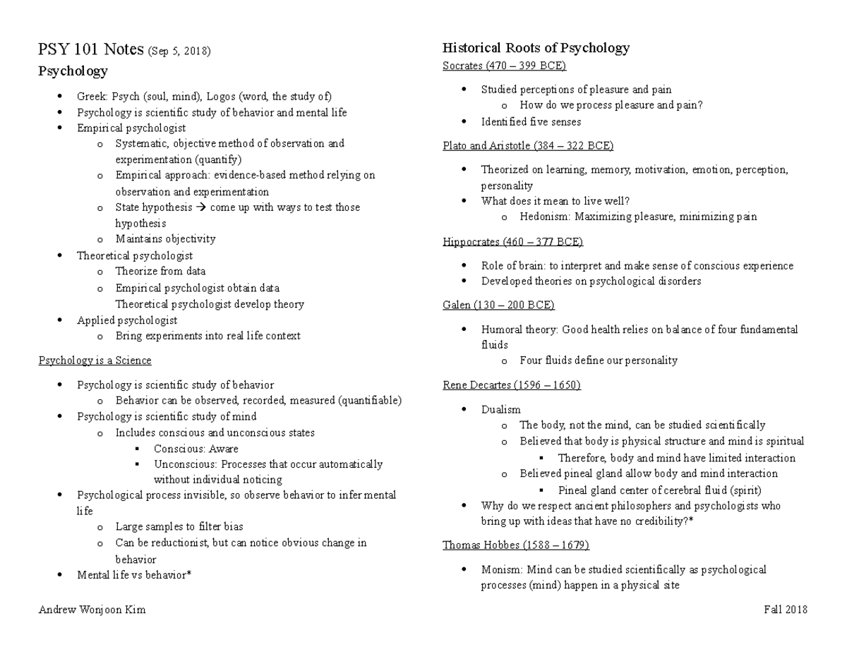 Urpsy 101Notes(Sep5,2018 ) - PSY 101 Notes (Sep 5, 2018) Psychology ...