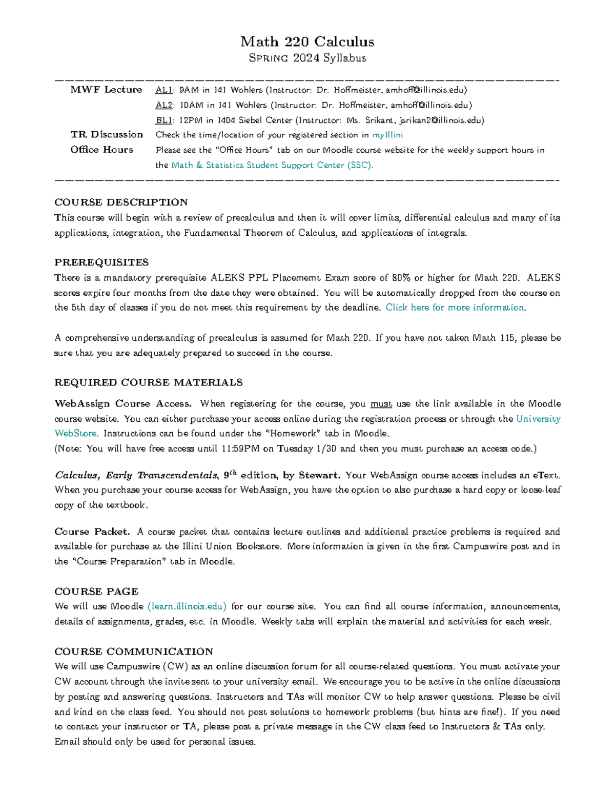 Math 220 SP24 Syllabus 8 - Math 220 Calculus Spring 2024 Syllabus - Studocu