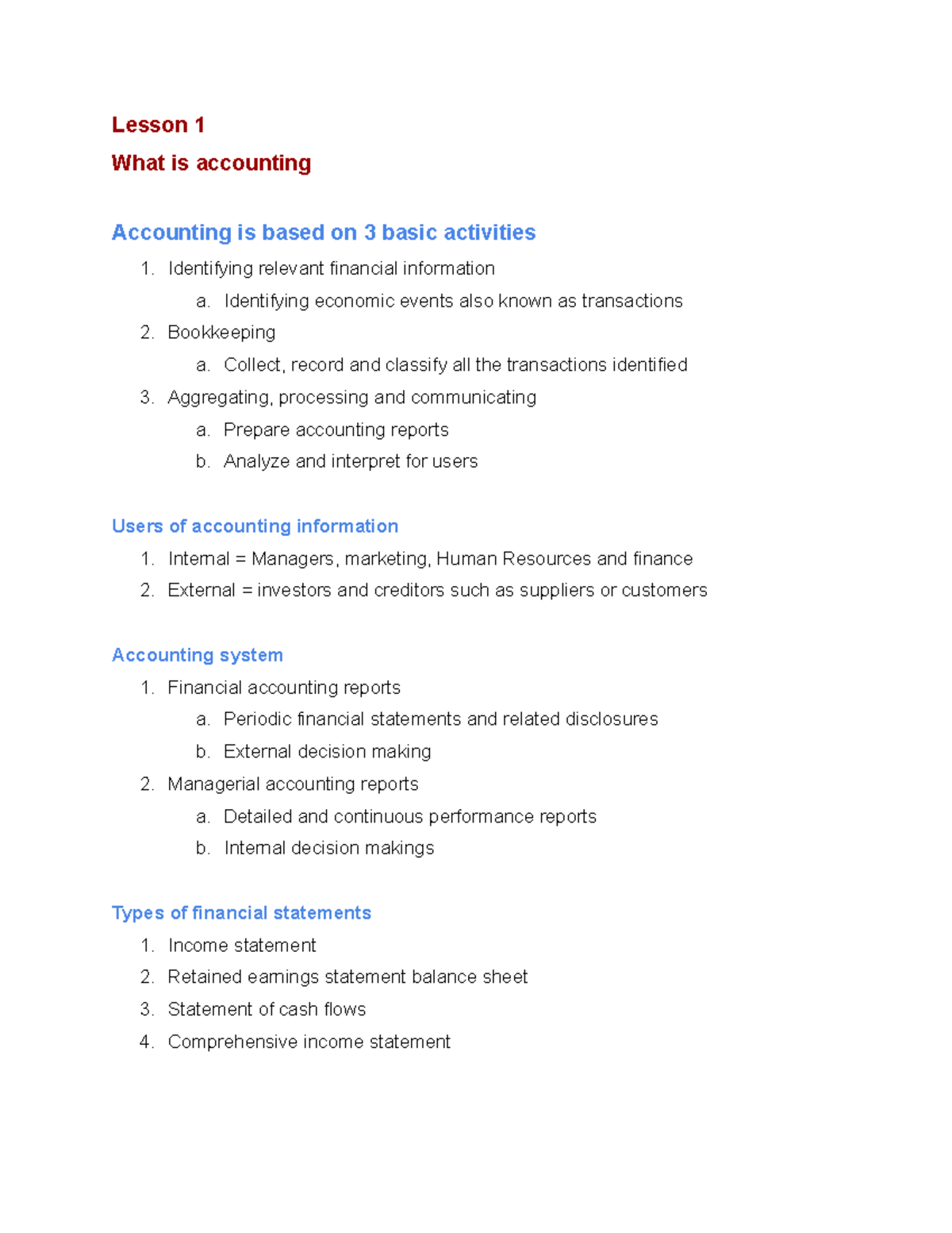 Financial and Accounting course summary - Lesson 1 What is accounting ...