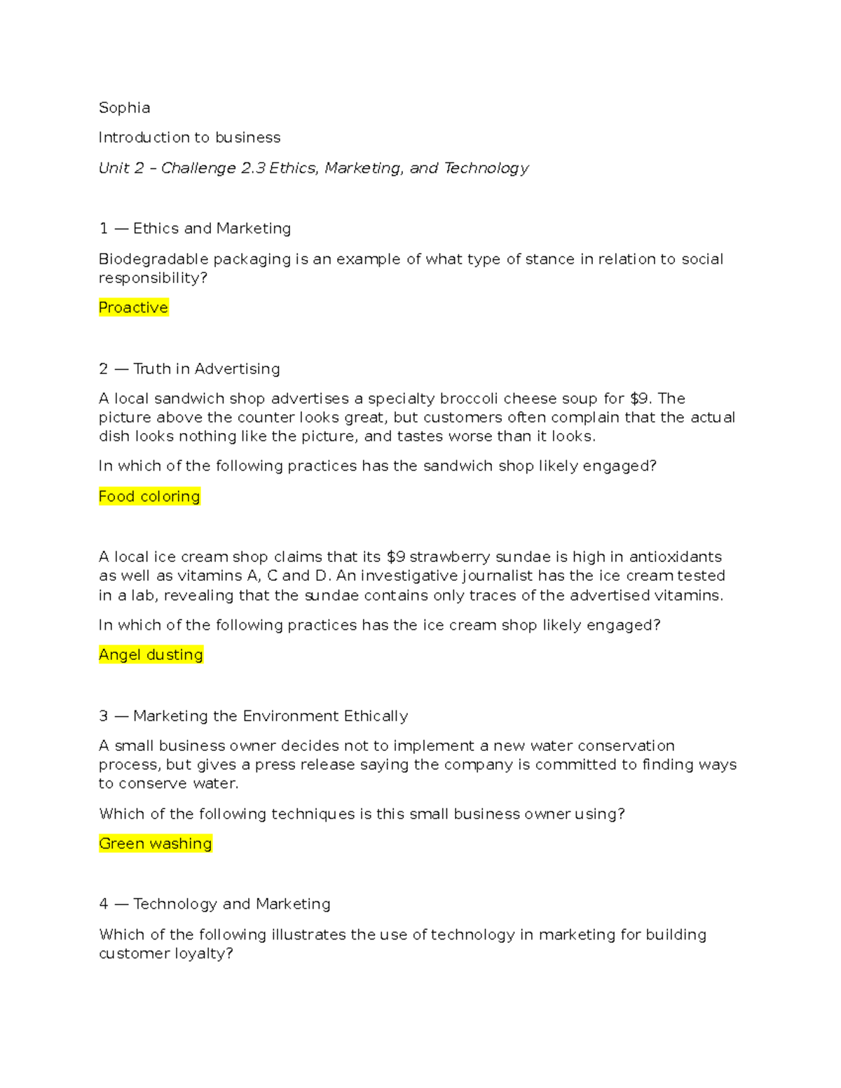 Introduction to business Unit 2 – Challenge 2.3 Ethics, Marketing, and ...