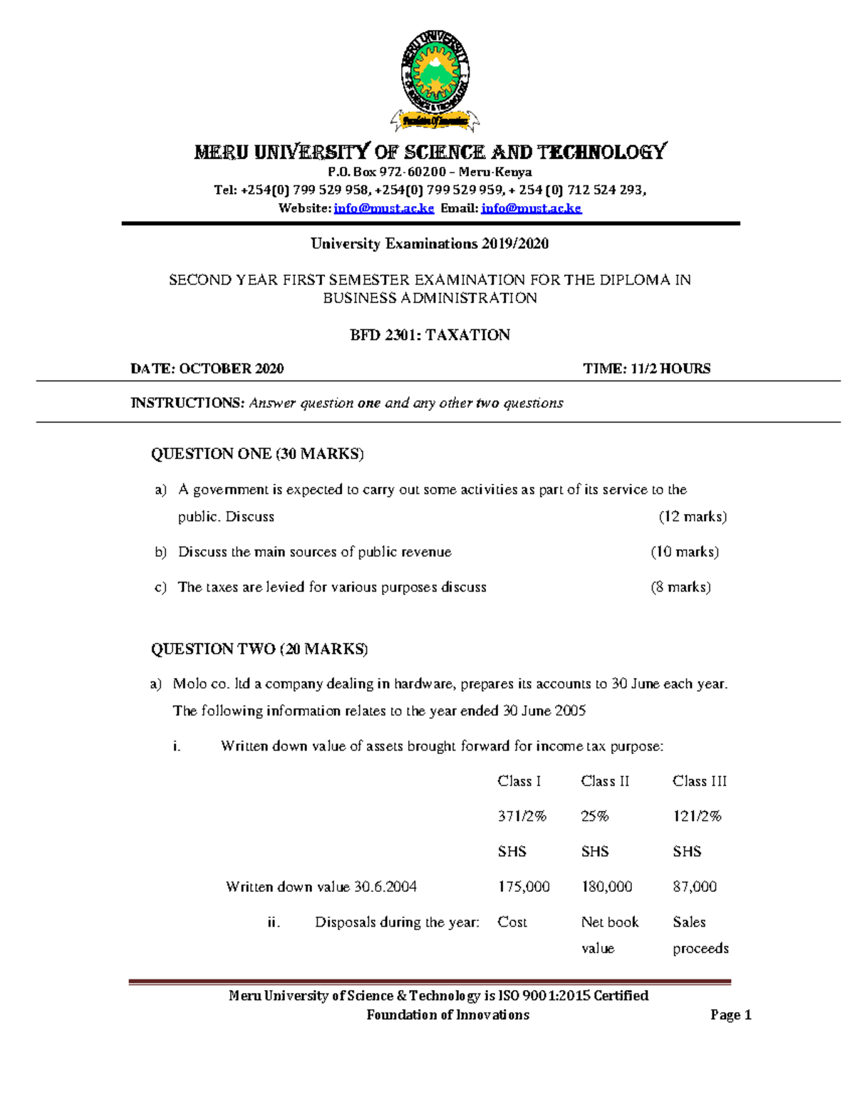 BFD 2301 BBS 2205 Taxation - Meru University of Science & Technology is ...