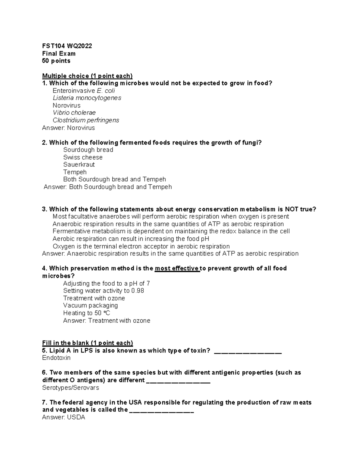 Example Final Exam FST104 Answer Key - FST104 WQ Final Exam 50 points ...