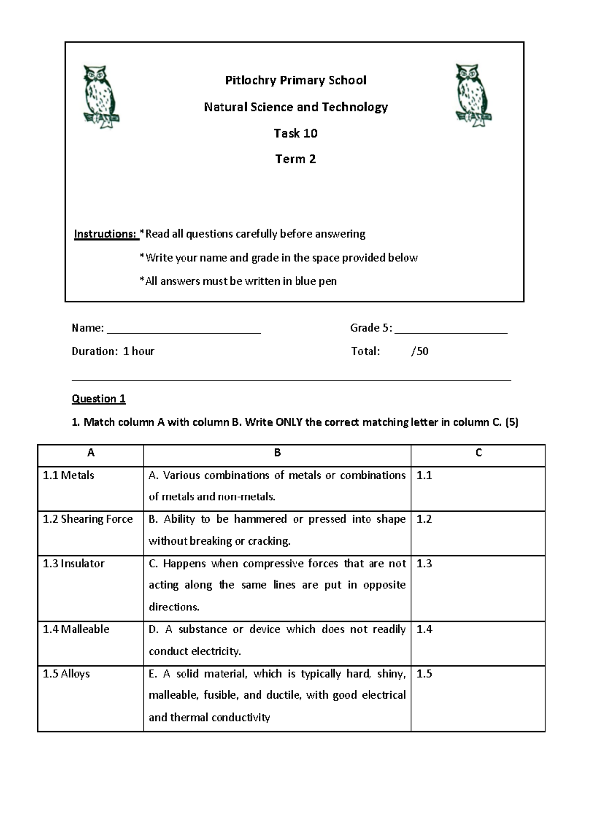 Grade 5 Natural Sciences and tech Task 10 - Pitlochry Primary School ...