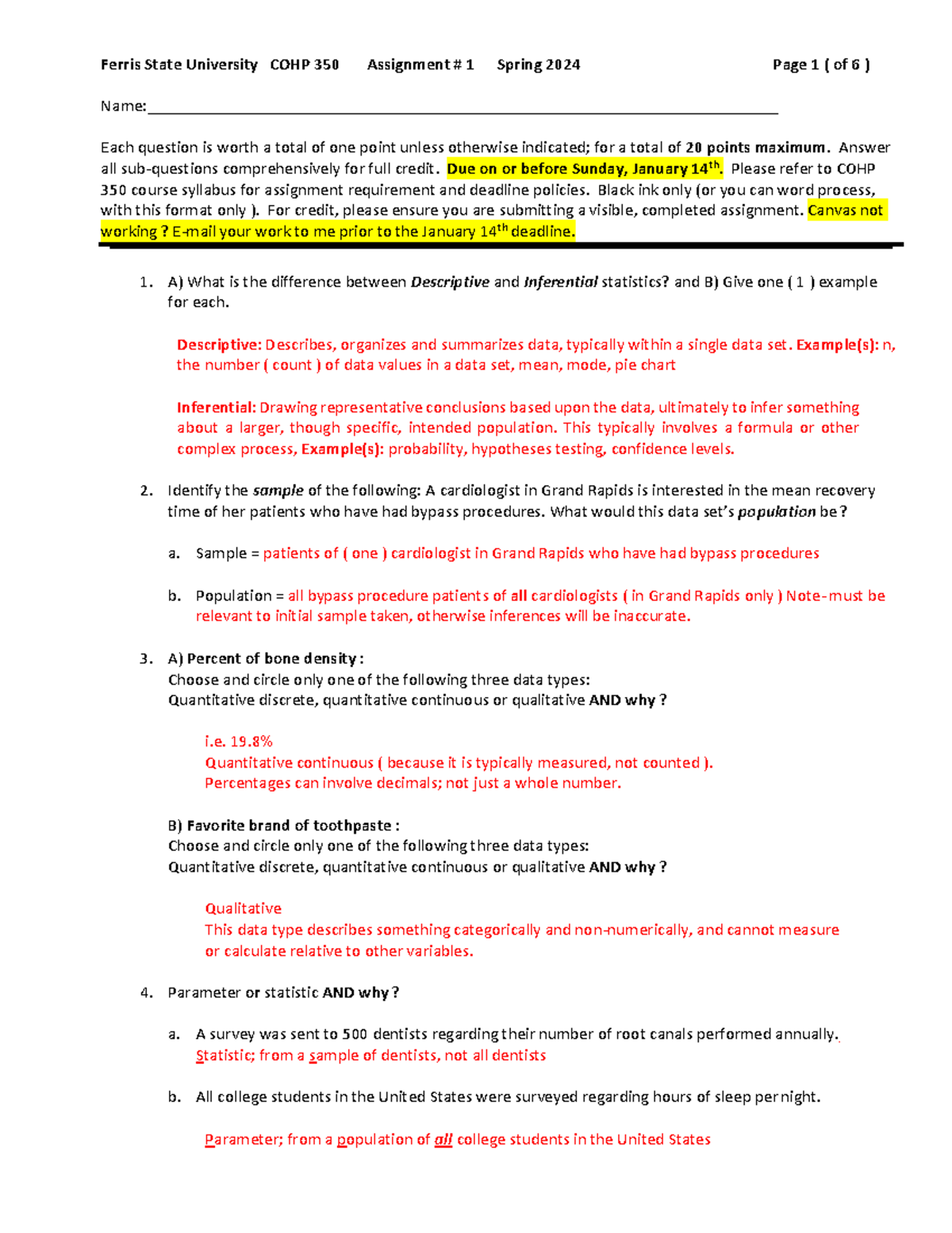 Assignment 1 - Answer KEY - Ferris State University COHP 350 Assignment ...