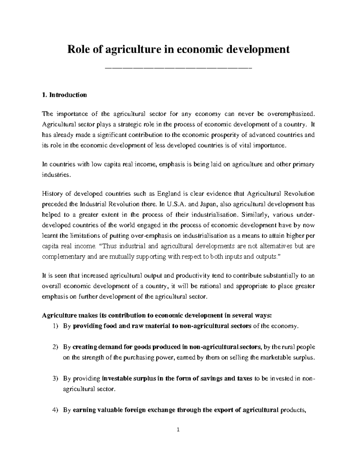 Lecture 1 Role of Agriculture in Economic Development - Role of ...