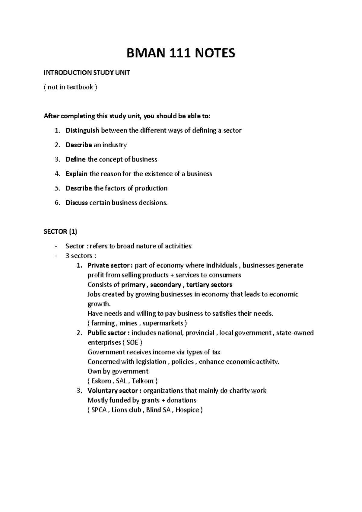 BMAN 111 Notes - BMAN111 - BMAN 111 NOTES INTRODUCTION STUDY UNIT ( not ...