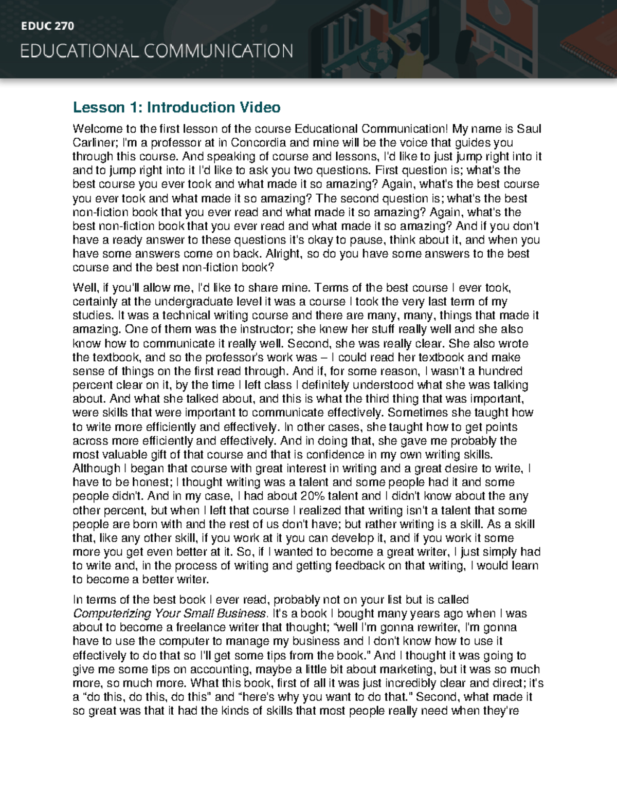 EDUC270 L1 Intro Vid Transcript - Lesson 1: Introduction Video Welcome ...