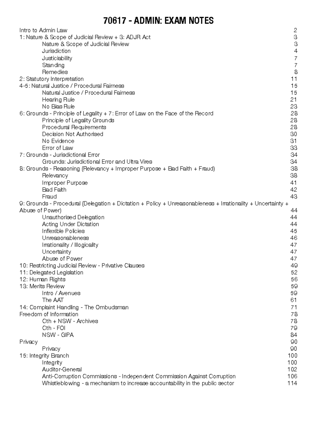 Exam-Notes-Admin - 70617 - ADMIN: EXAM NOTES Intro to Admin Law 2 1 ...