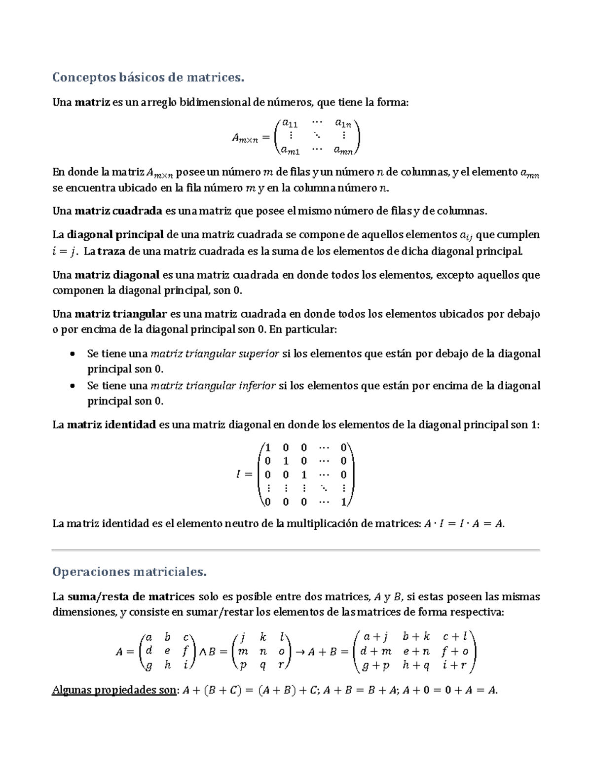 Resumen de los primeros contenidos de matrices - Conceptos básicos de ...
