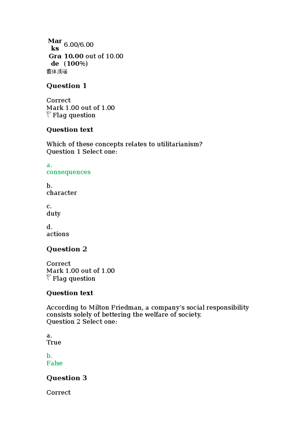 PHIL 1404 Self Quiz Unit 1 - Mar ks 6/6. Gra de 10 out of 10. ( 100 %) 窗体顶端 Question 1 Correct ...