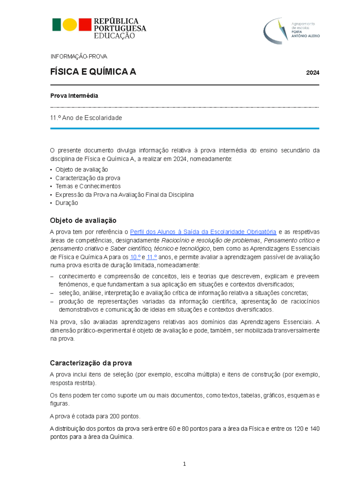 Informação prova Prova Intermédia 11º FQ-A - INFORMAÇÃO-PROVA FÍSICA E ...