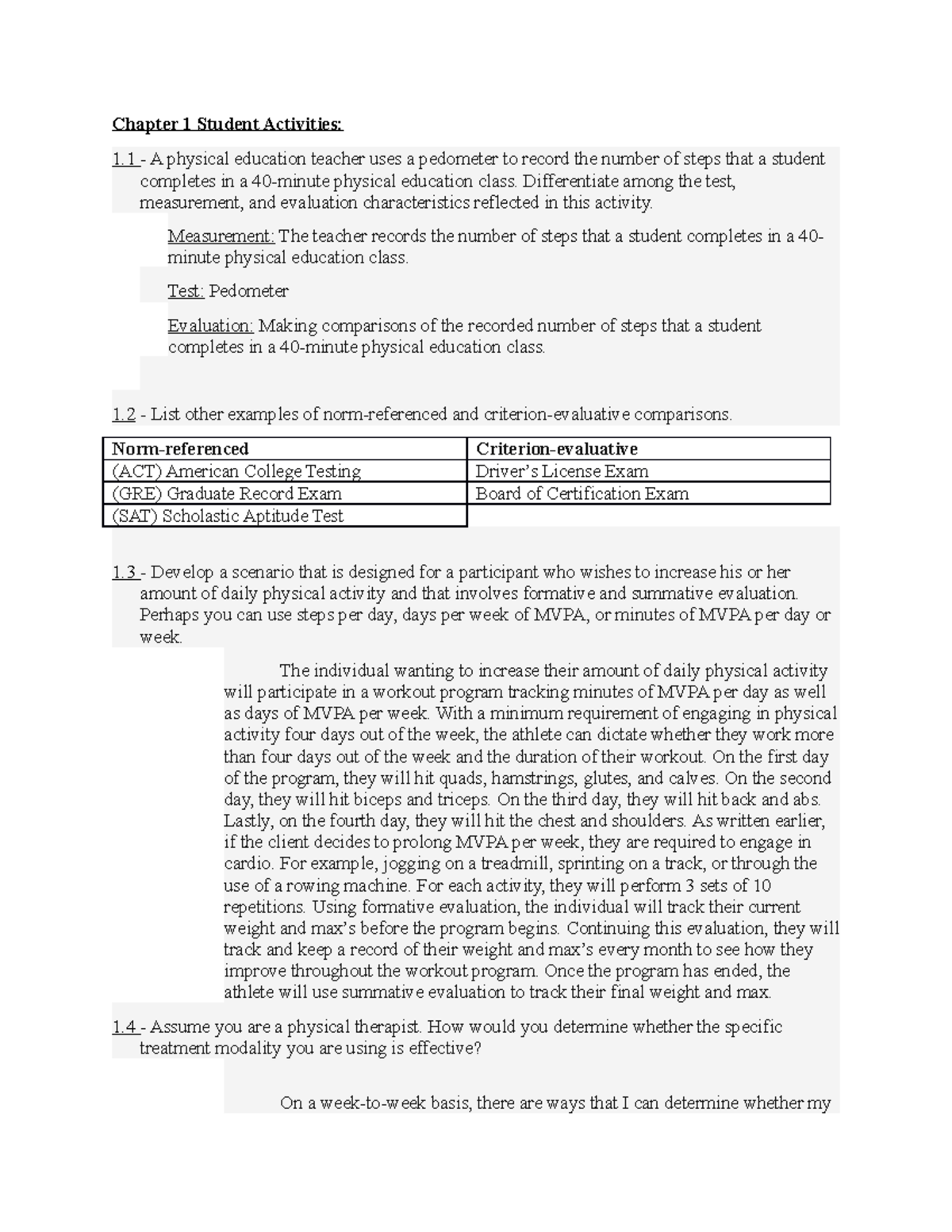 Chapter 1 Assignment (Measurment and Evaluation) - Chapter 1 Student Activities: 1 - A physical ...