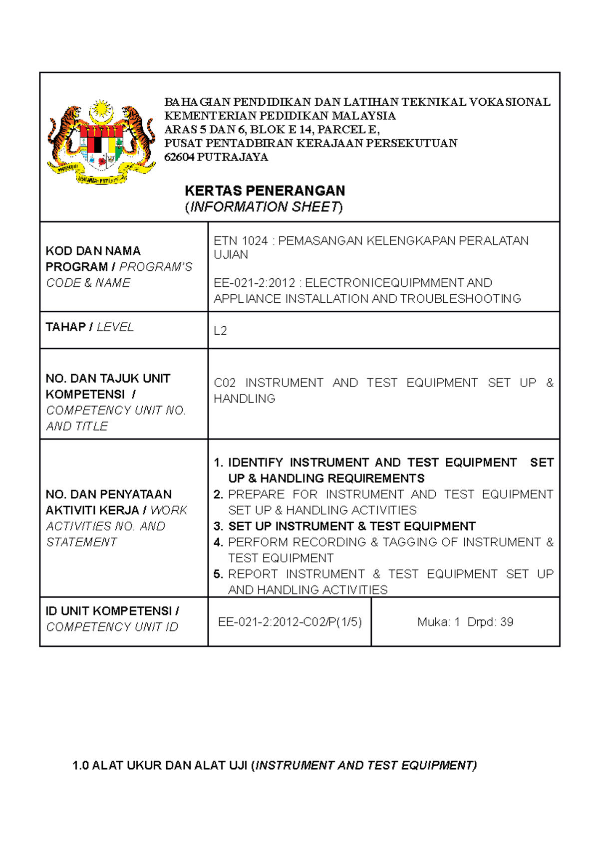 L2CU2 KP1 - nota etn - KOD DAN NAMA PROGRAM / PROGRAM’S CODE & NAME ETN 1024 : PEMASANGAN - Studocu