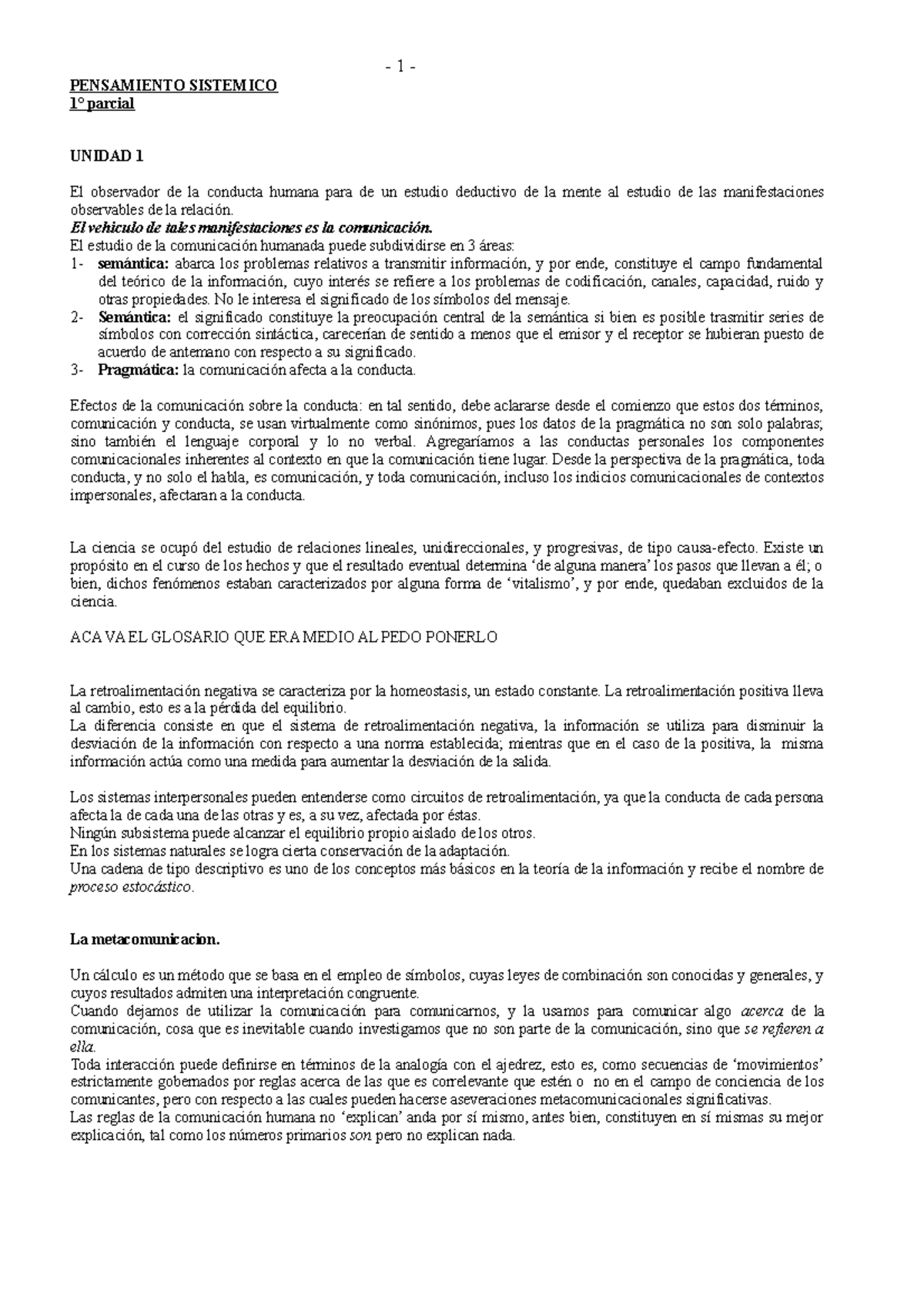 Pensamien 2 - PENSAMIENTO SISTEMICO 1° parcial UNIDAD 1 El observador ...