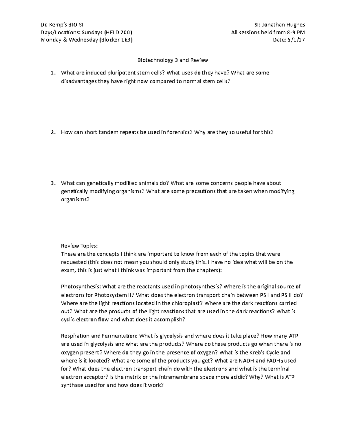 BIO 111 Biotechnology 3 and Review - Dr. Kemp’s BIO SI Days/Locations ...