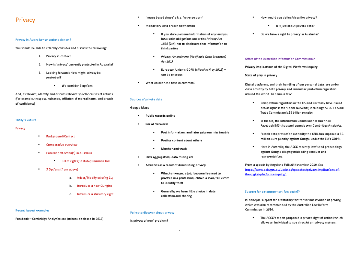 LAW201 W11 Privacy - notes - Privacy Privacy in Australia – an ...