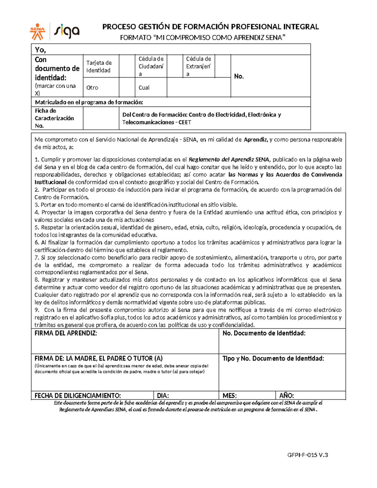 GFPI-F-015 Formato Compromiso del Aprendiz V2 - PROCESO GESTIÓN DE FORMACIÓN PROFESIONAL ...
