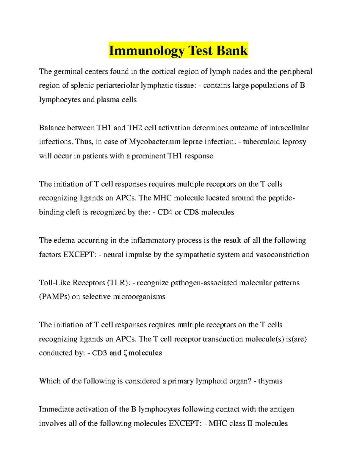 Immunology Test Bank - All Correctly answered - Immunology Test Bank ...