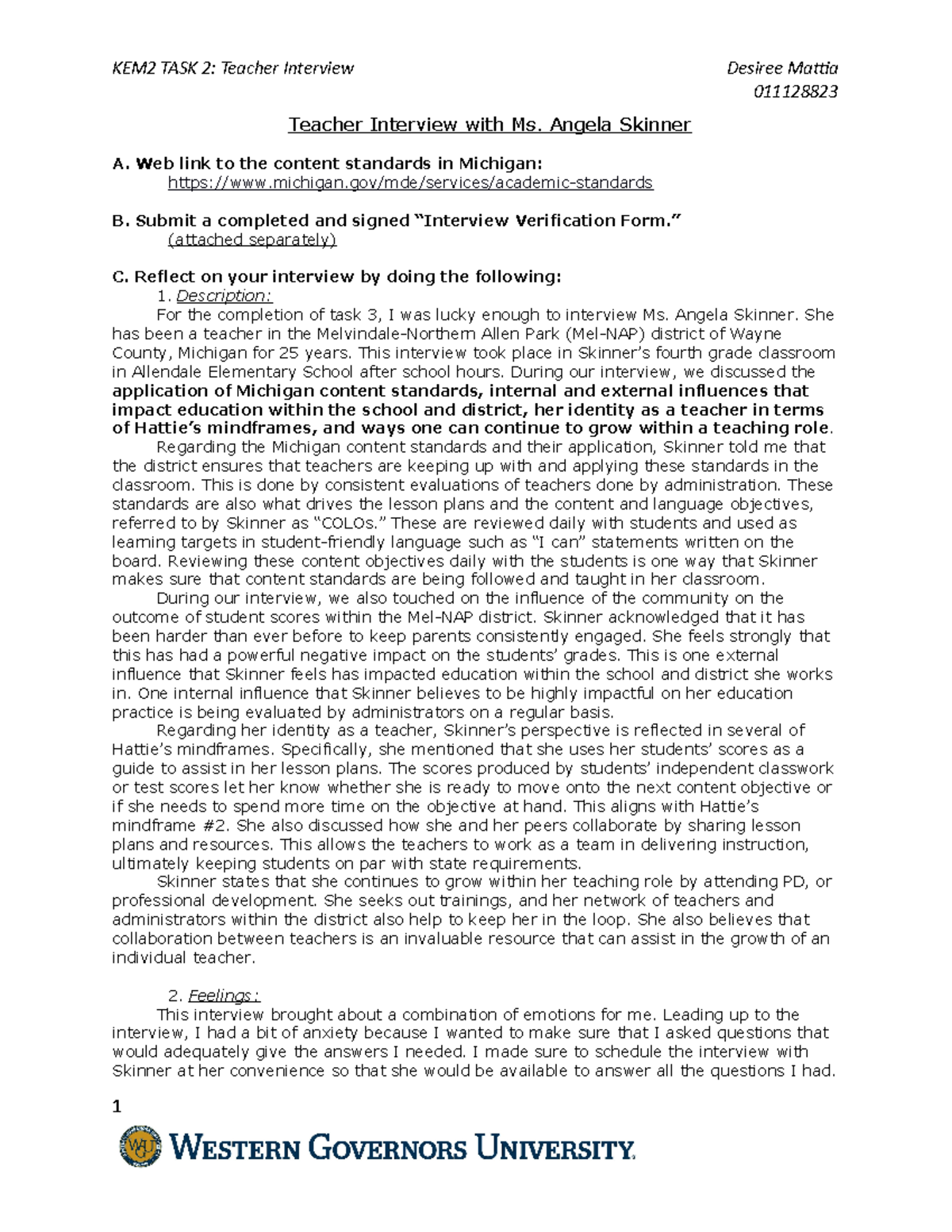 D166 Task 2 - D166 task 2 - KEM2 TASK 2: Teacher Interview Desiree ...