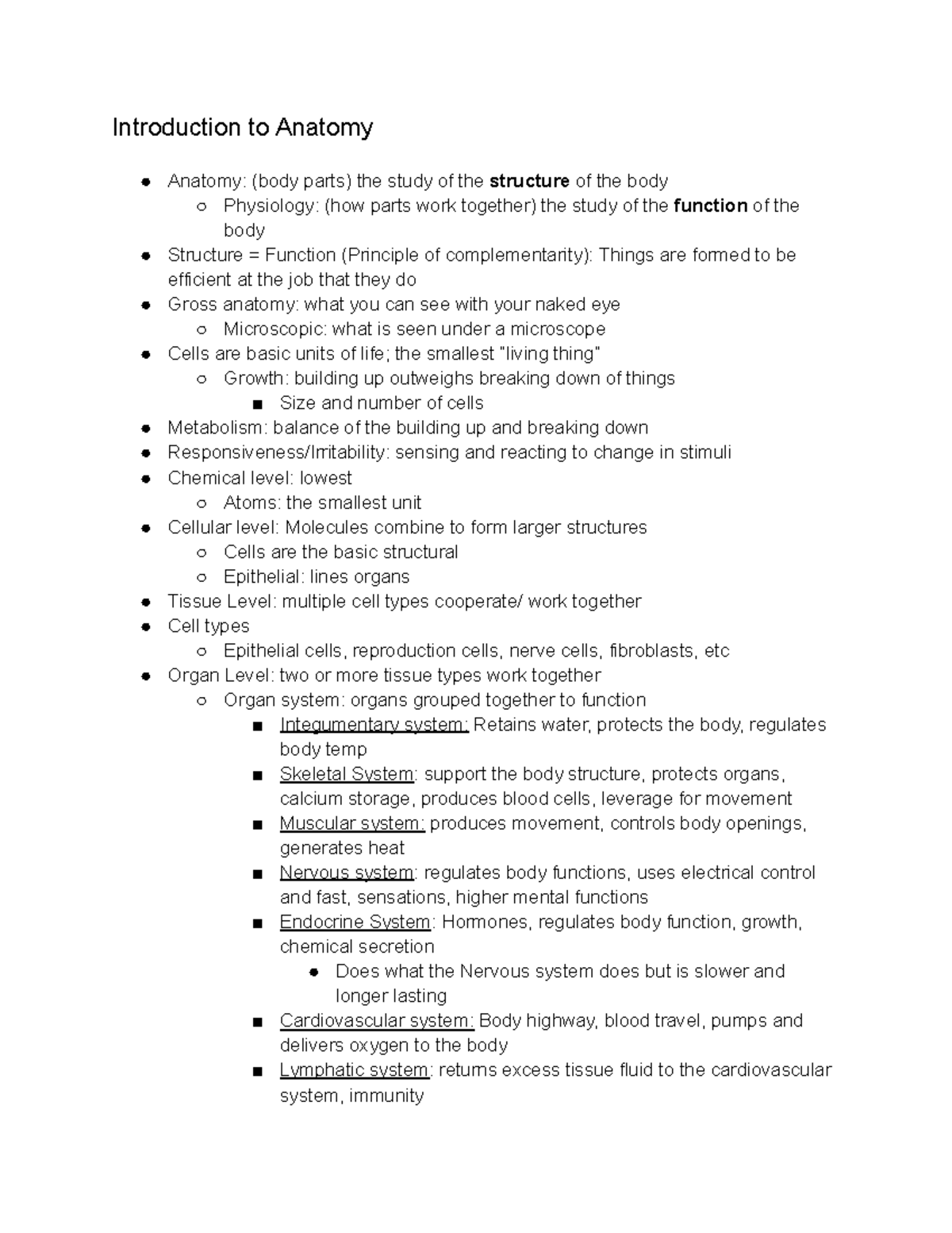 BIO124- Intro 2 Anatomy Notes - Introduction to Anatomy Anatomy: (body ...