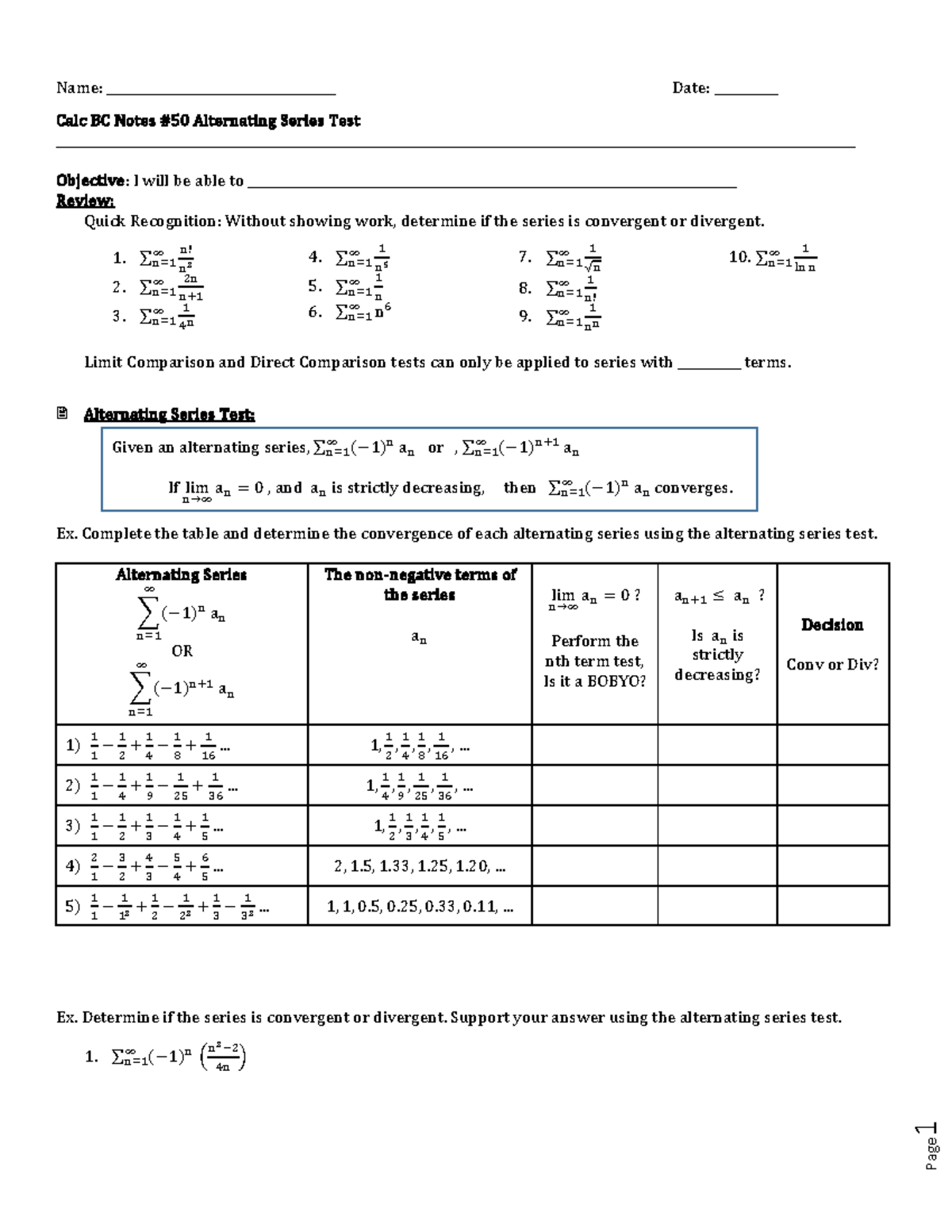 Calc BC Notes #50 Alternating Series Test 20-21-2 - 1 Name