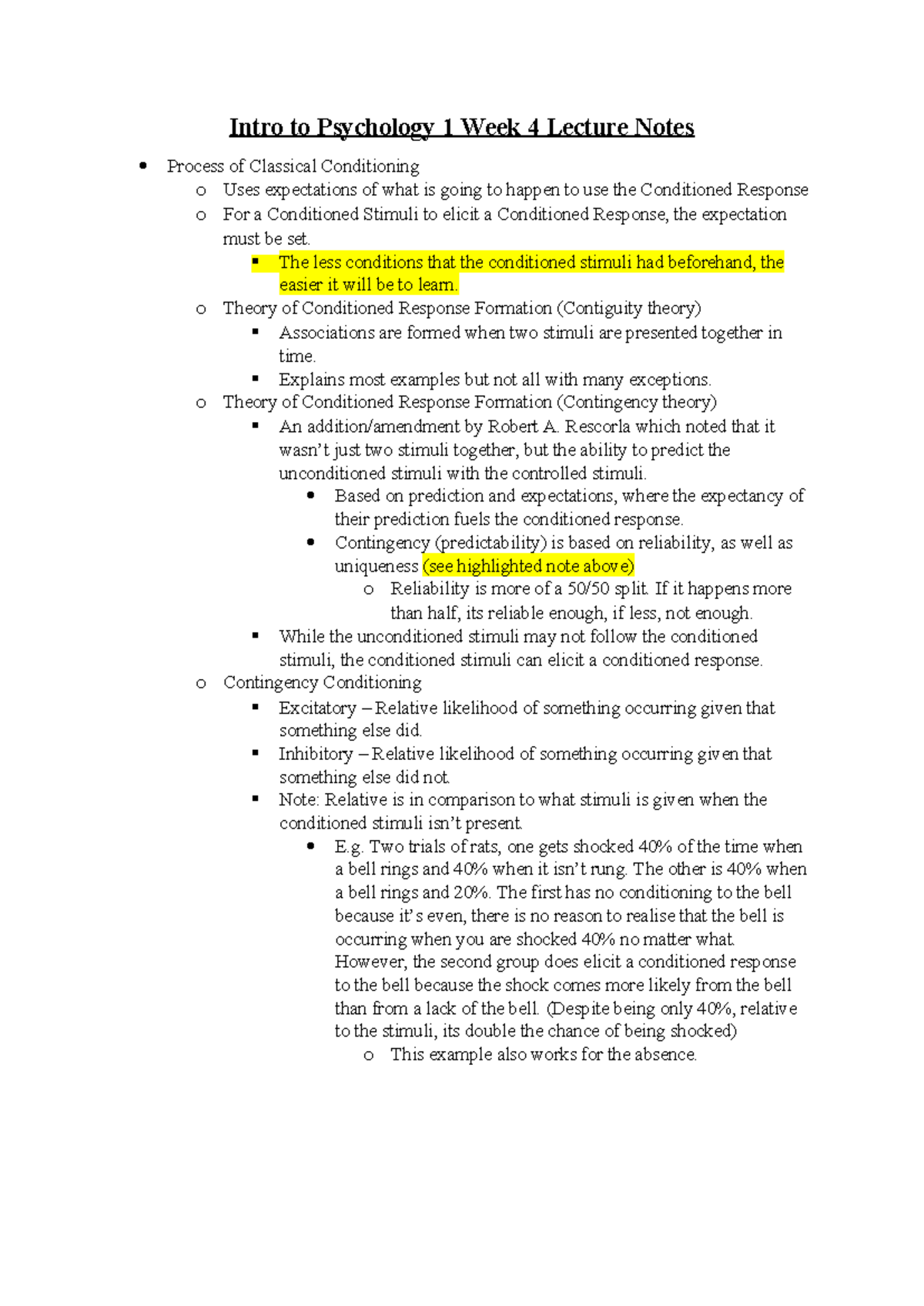 Intro to Psychology 1 Week 4 Lecture Notes - Intro to Psychology 1 Week ...
