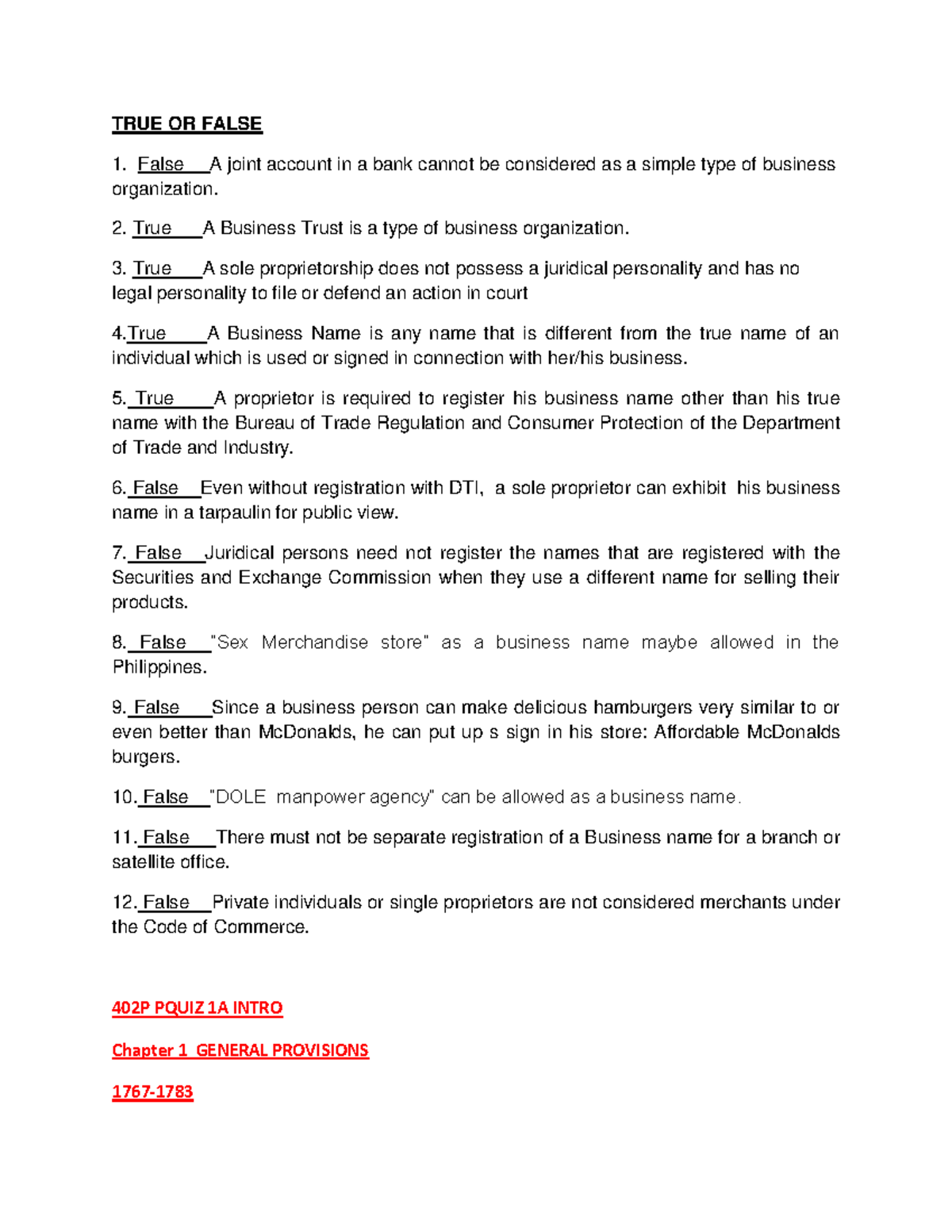 Oblicon Notes with Answers - TRUE OR FALSE False A joint account in a ...