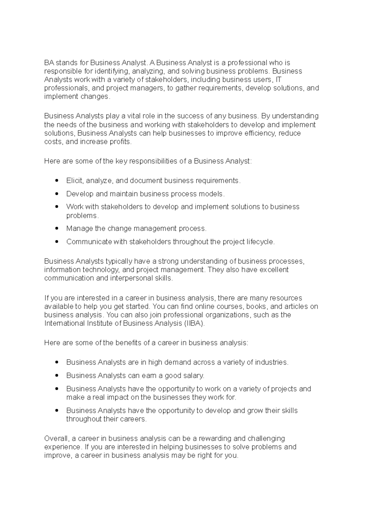 Doc 5 - marketing - BA stands for Business Analyst. A Business Analyst ...