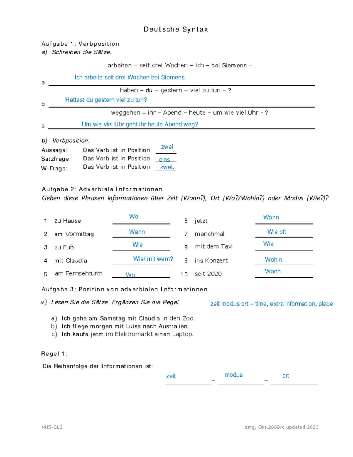 1 1 Syntax - German practice notes - Deutsche Syntax Aufgabe 1 ...