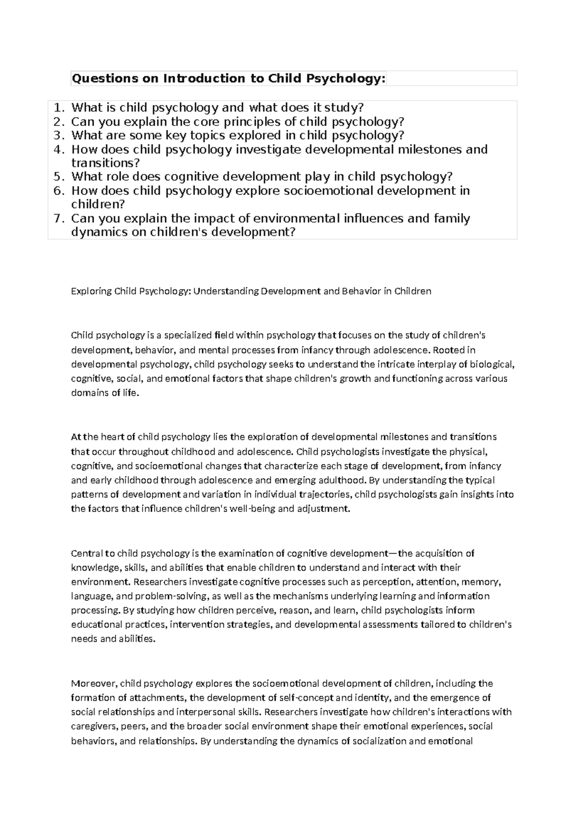 Introduction to child psychology - Questions on Introduction to Child ...