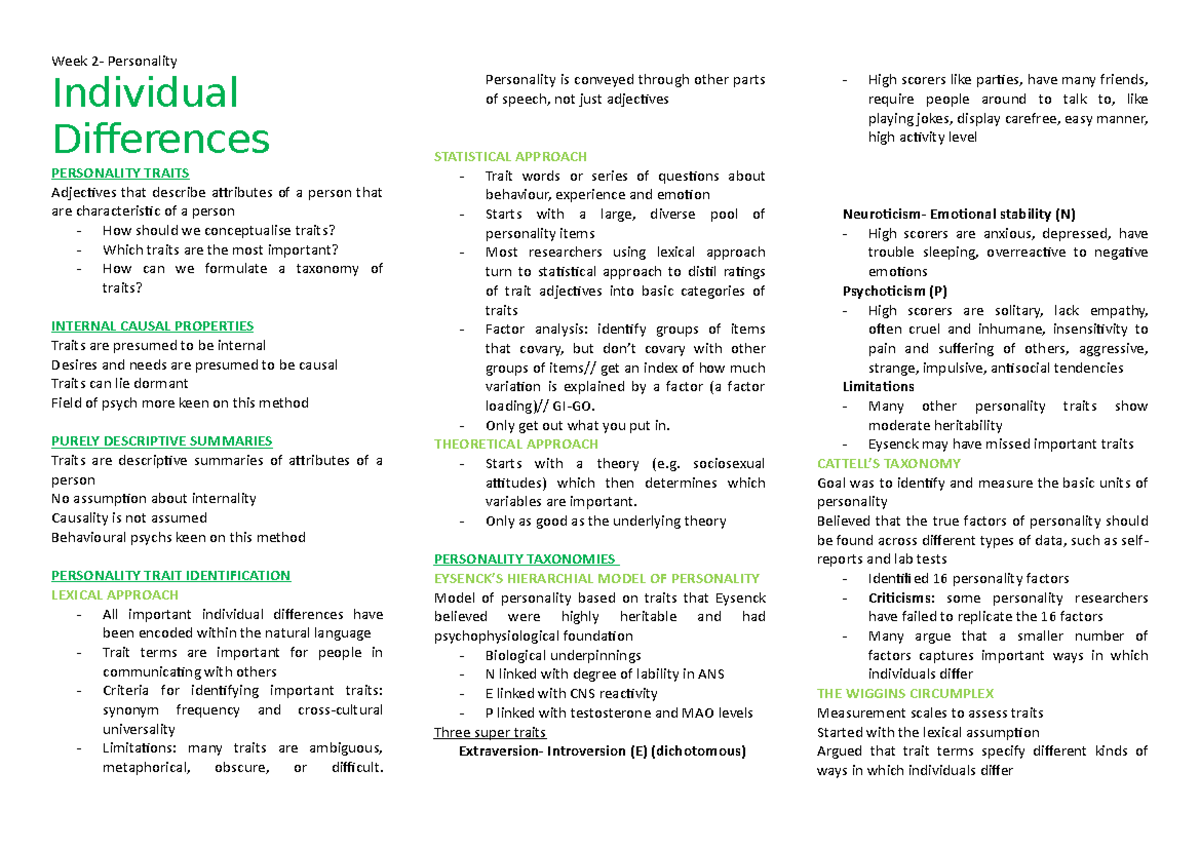 Week 2 - Individual Differences - Week 2- Personality Individual Differences PERSONALITY TRAITS ...