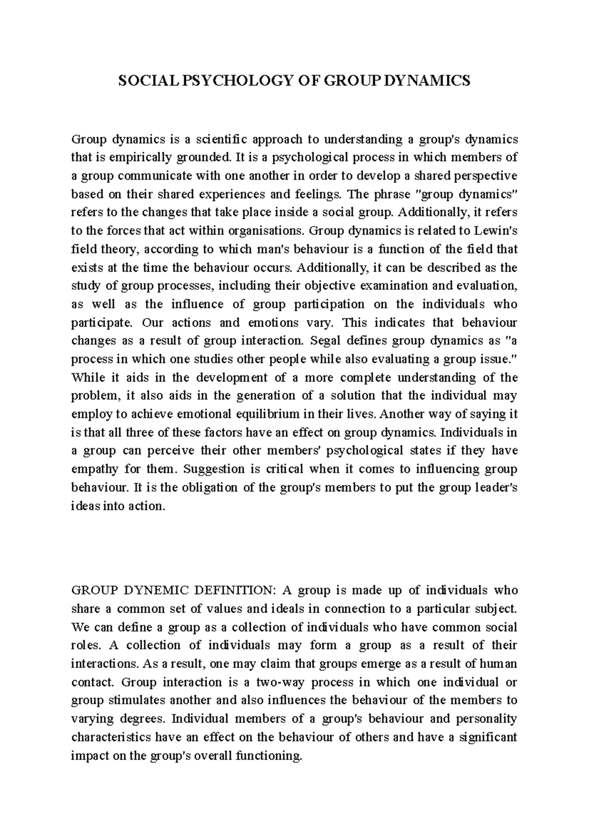 Social Psychology OF Group Dynamics - SOCIAL PSYCHOLOGY OF GROUP ...