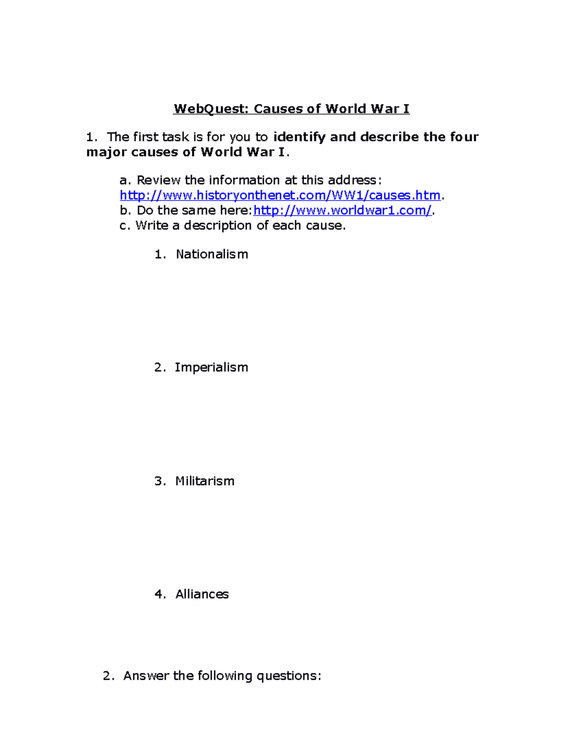 Web Quest WWI Alliances - WebQuest: Causes of World War I The first ...