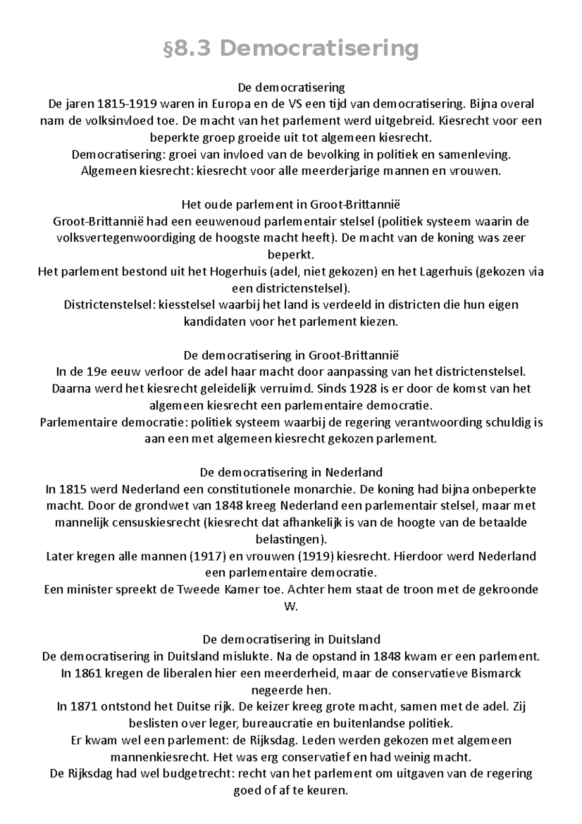 Samenvatting geschiedenis werkplaats - §8 Democratisering De ...