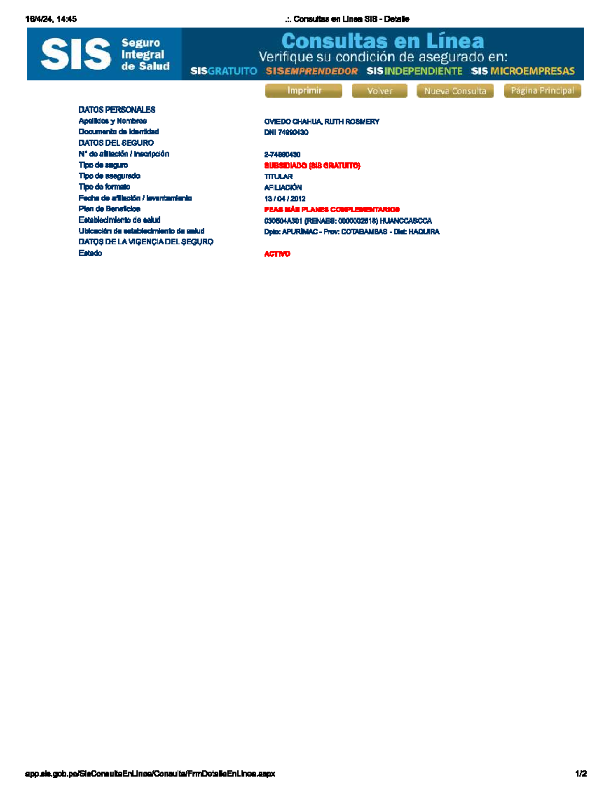 Sisfo - control de calidad - 14:45 .:. Consultas en Linea SIS Detalle ...