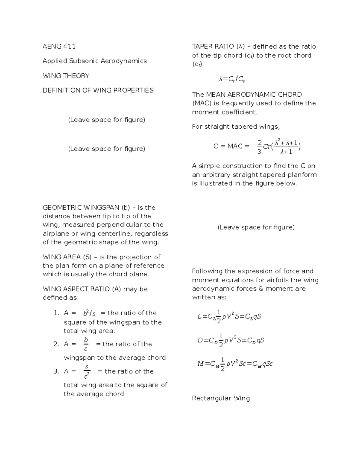 1 - subsonic aerodynamics - AENG 411 Applied Subsonic Aerodynamics WING ...