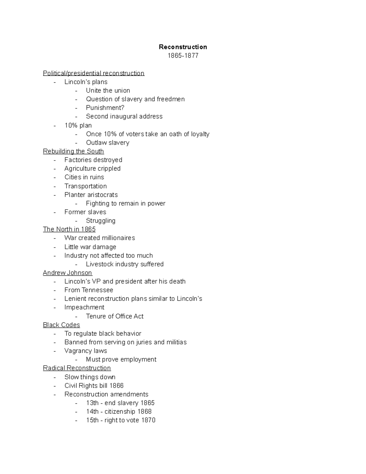 Reconstruction - HIST 2300 - Reconstruction 1865- Political ...