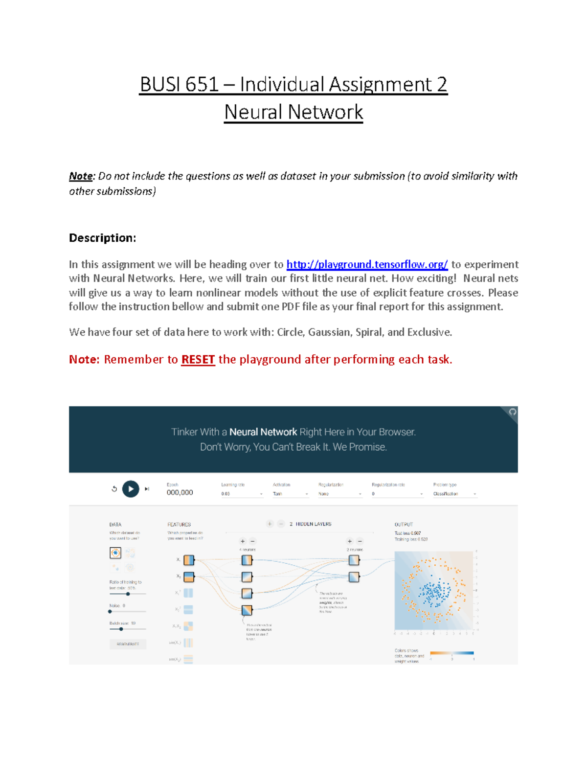 Individual Assignment 2 Guideline - BUSI 65 1 – Individual Assignment 2 Neural Network Note: Do ...